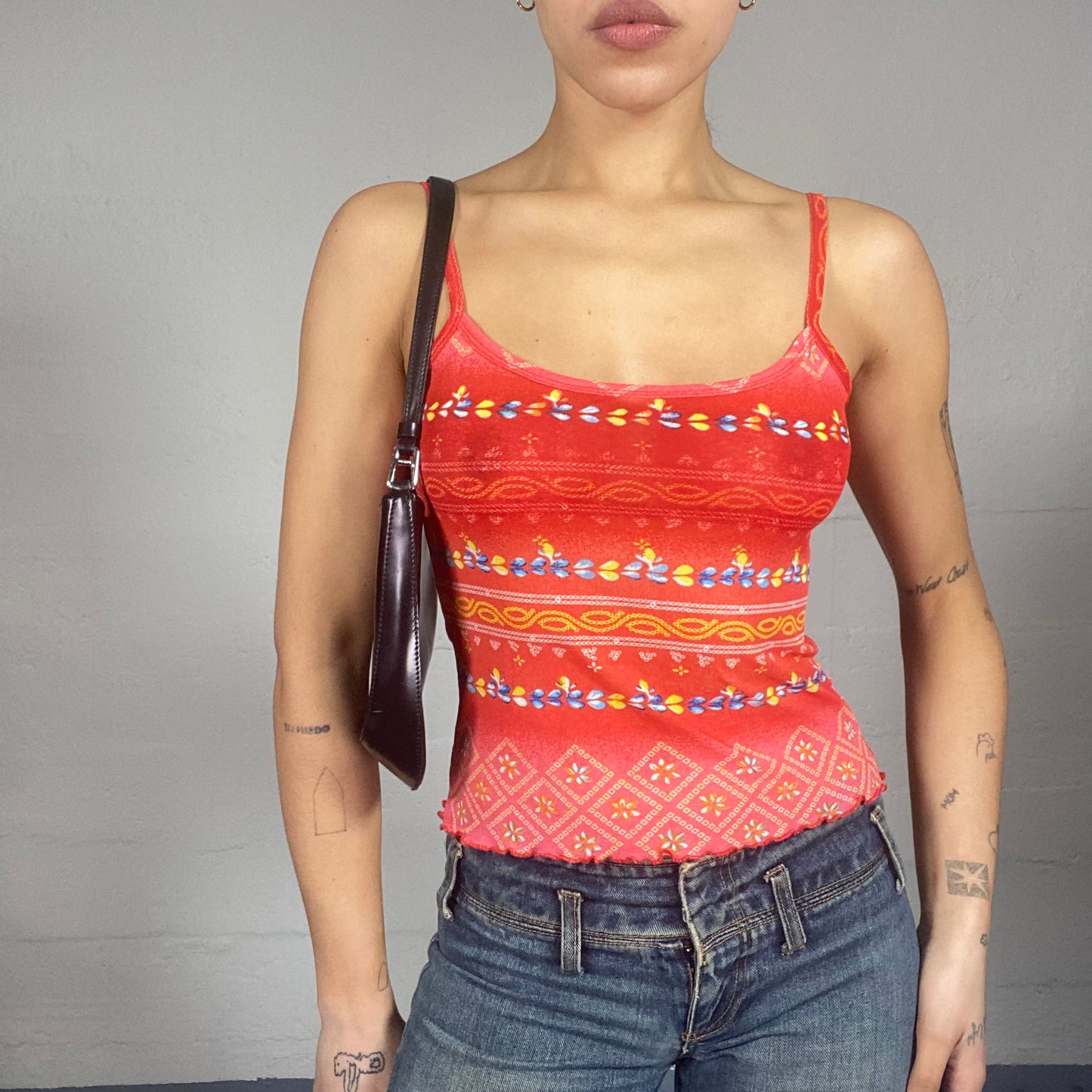 Vintage 90's Cute Girl Red Top with Ethnic Floral Borders Print (S ...