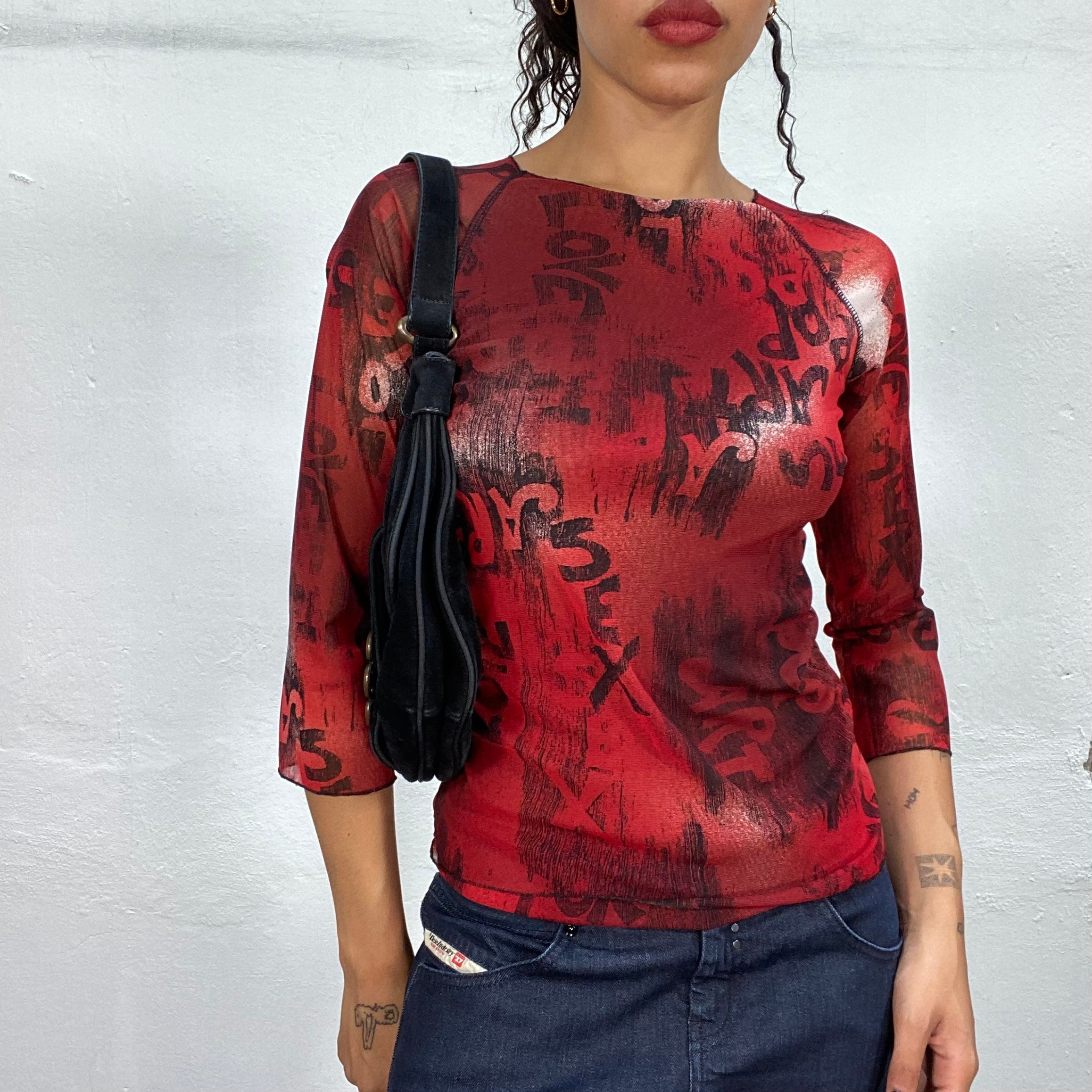 Vintage 2000's Rave Red Longsleeve Top with Black Typography Print (S ...