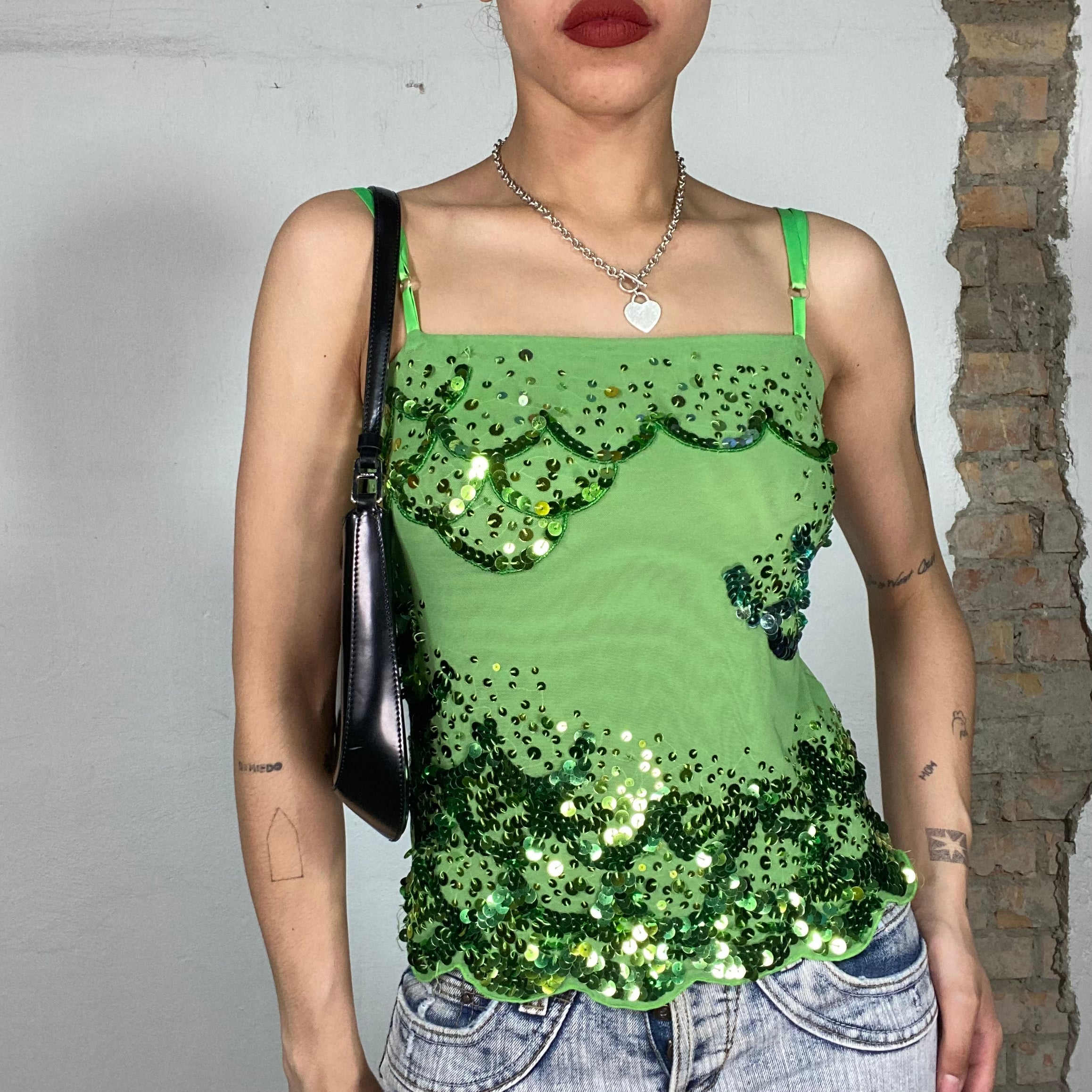 Vintage 2000's Mermaid Green Mesh Top with Sequin Pattern Details (S ...