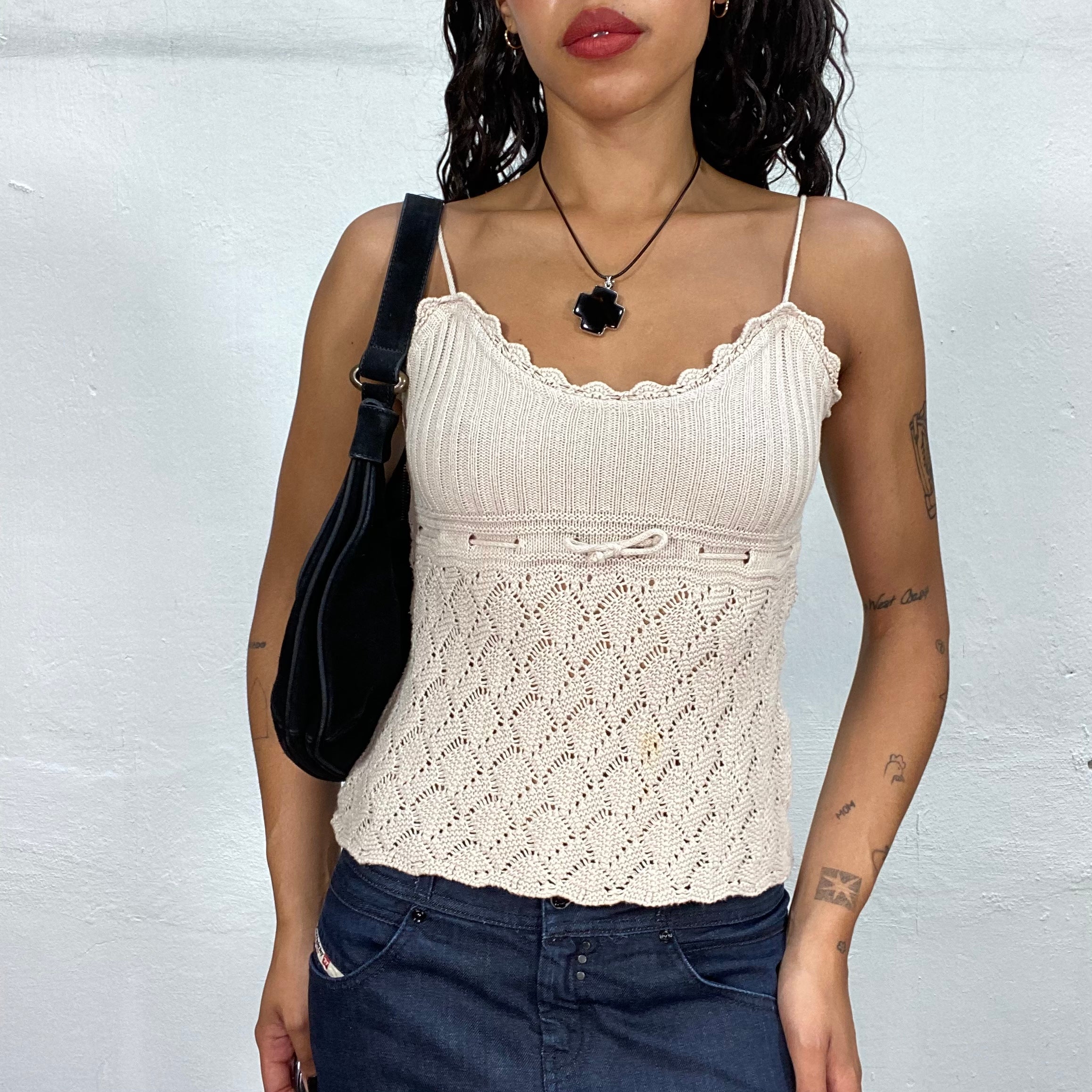 Vintage 2000's Soft Girl Beige Knitted Top with Biw Detail (S/M ...