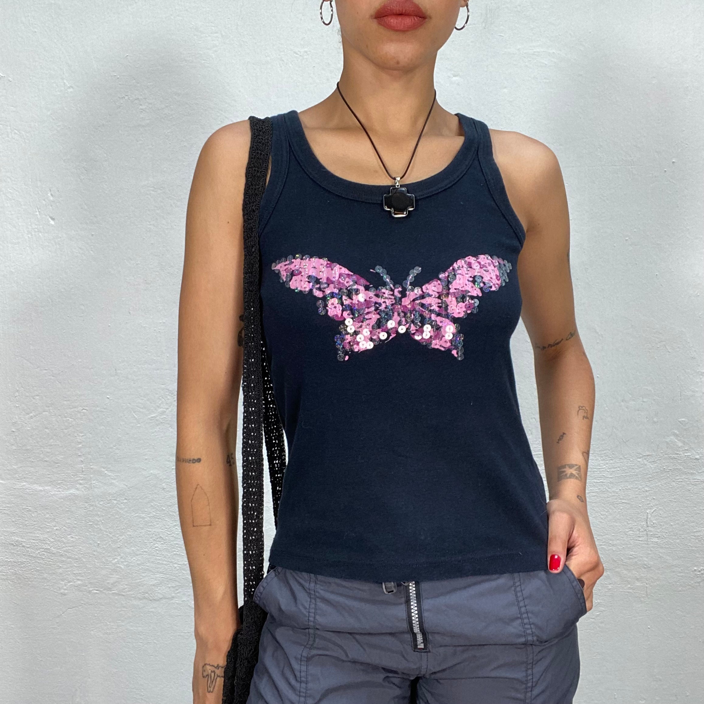 Vintage 2000's Downtown Girl Black Tank Top with Pink Camo and Sequin ...