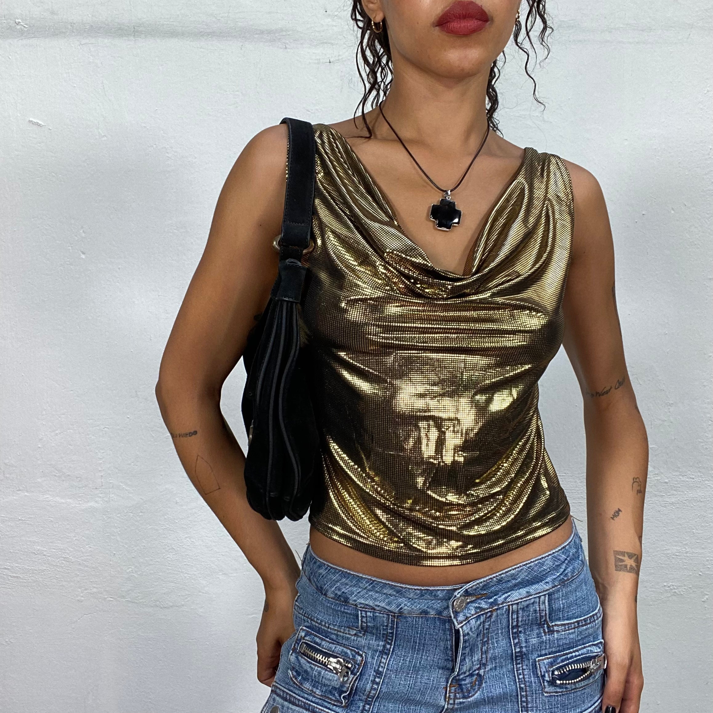 Vintage 2000's Clubwear Gold Shiny Top with Draped Neck Detail (S/M ...