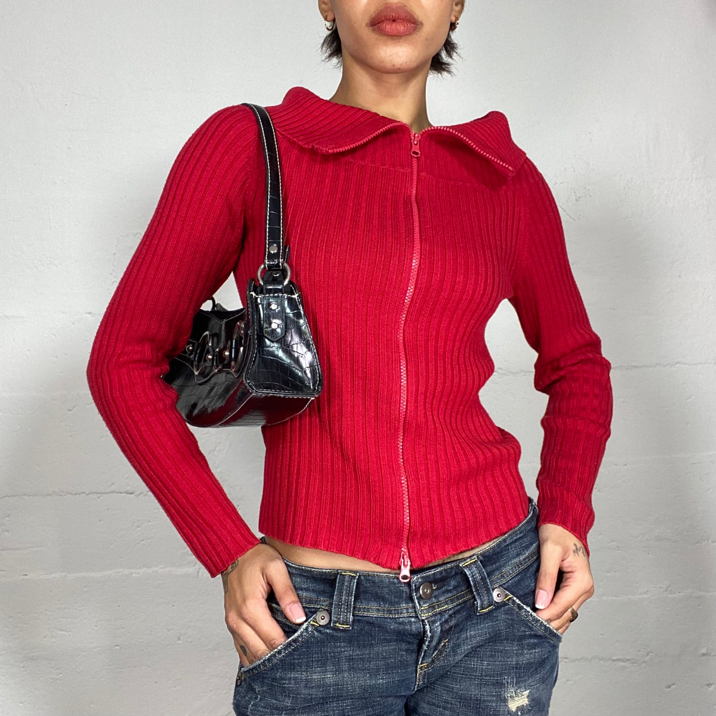 Vintage 2000's Sporty Red Zip Up Sweater with Big Collar Detail (S/M ...