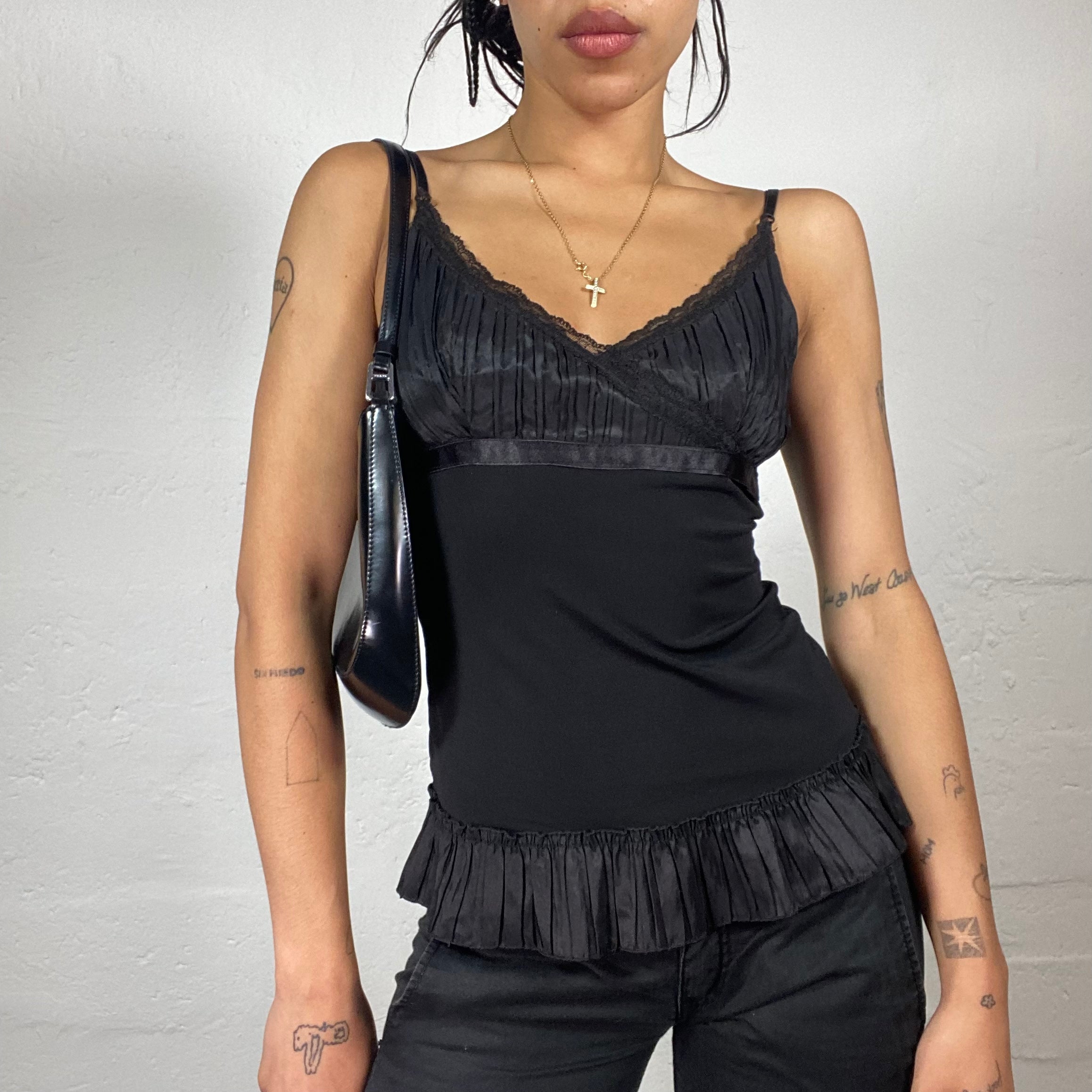 Vintage 2000’s Coquette Black Punky Cami Top with Plissee Bust and Bot ...
