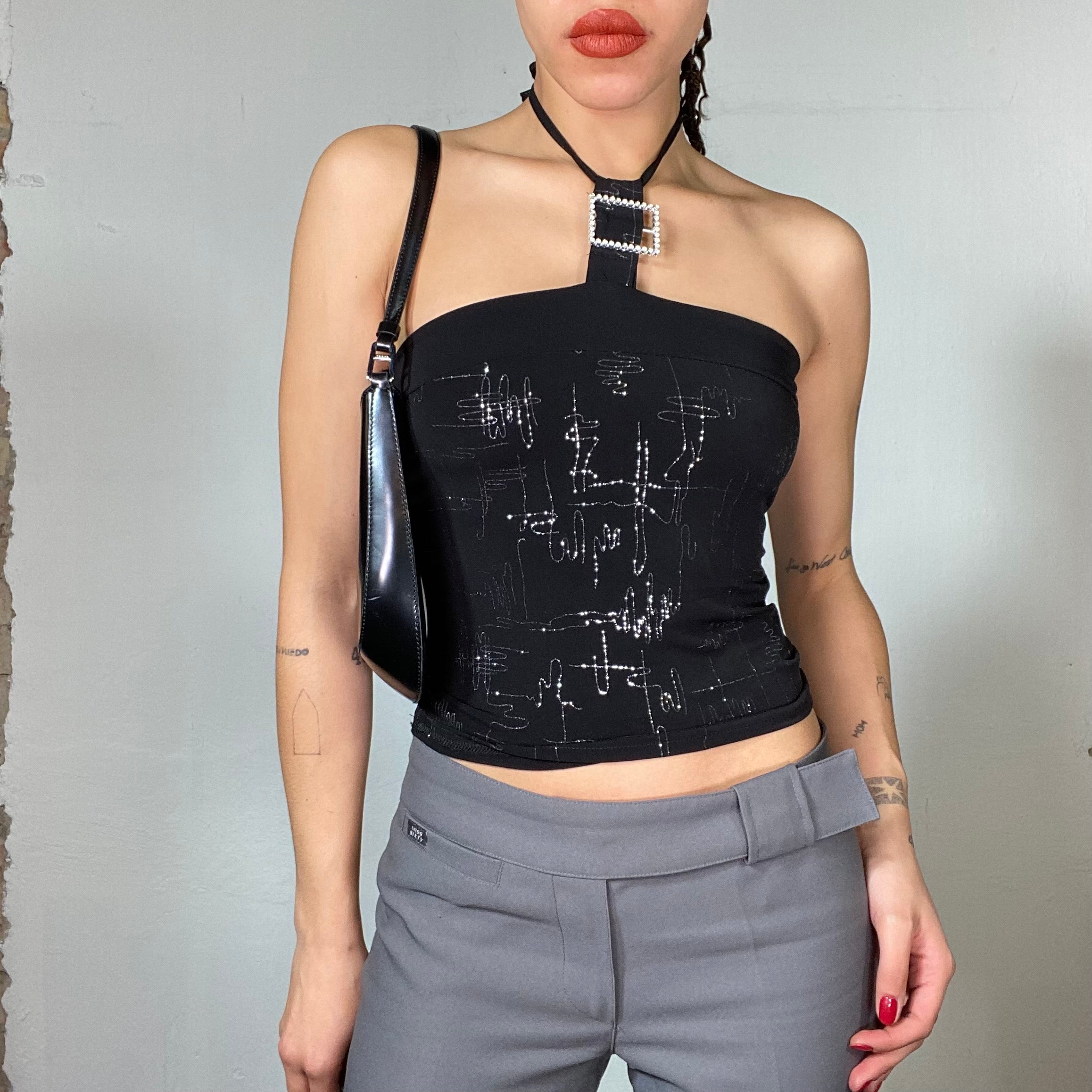 Vintage 2000's Clubwear Black Halter Neck top with Buckle Detail and G ...