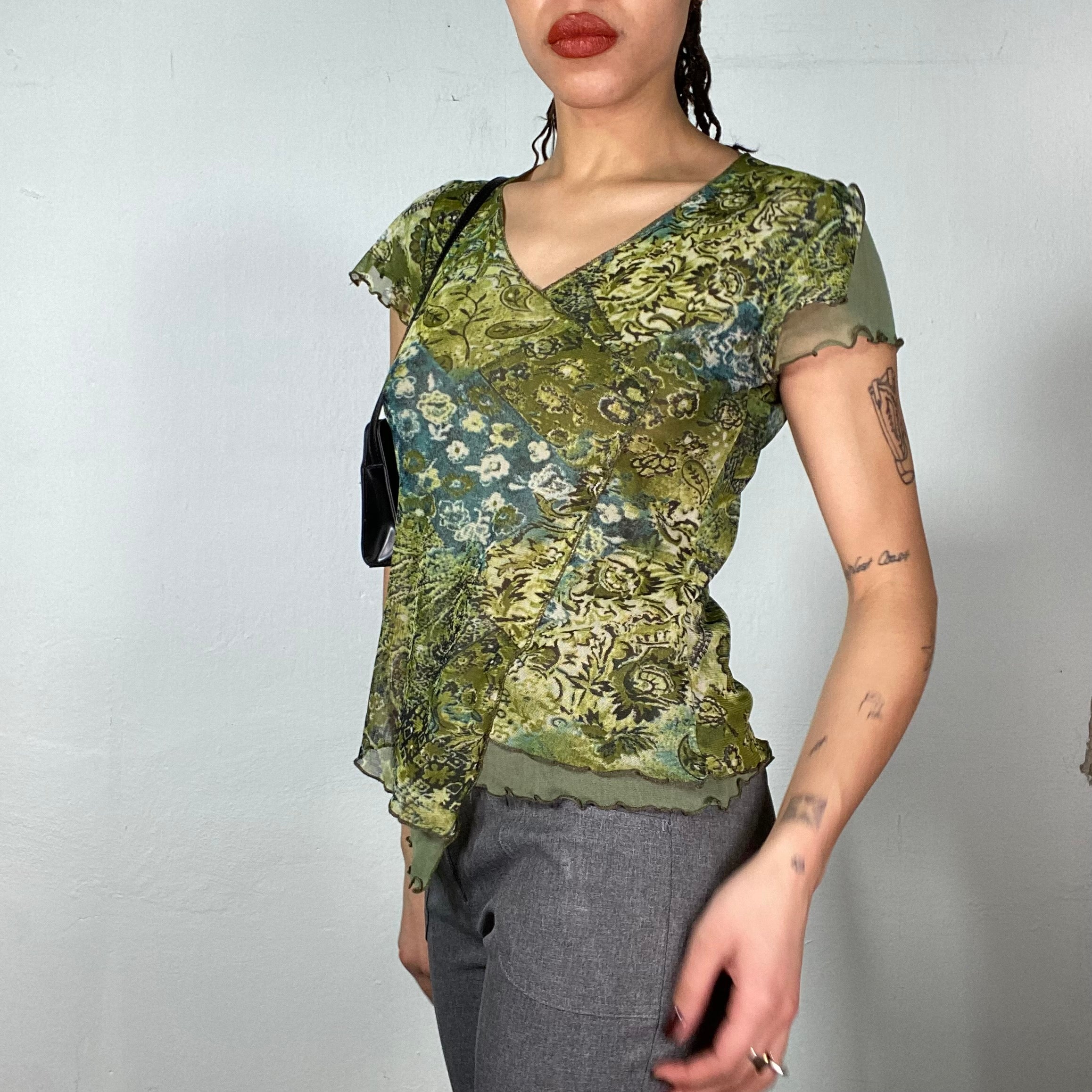 Vintage 2000's Indie Green Asymmetrical Mesh Top with Paisley Print (S ...
