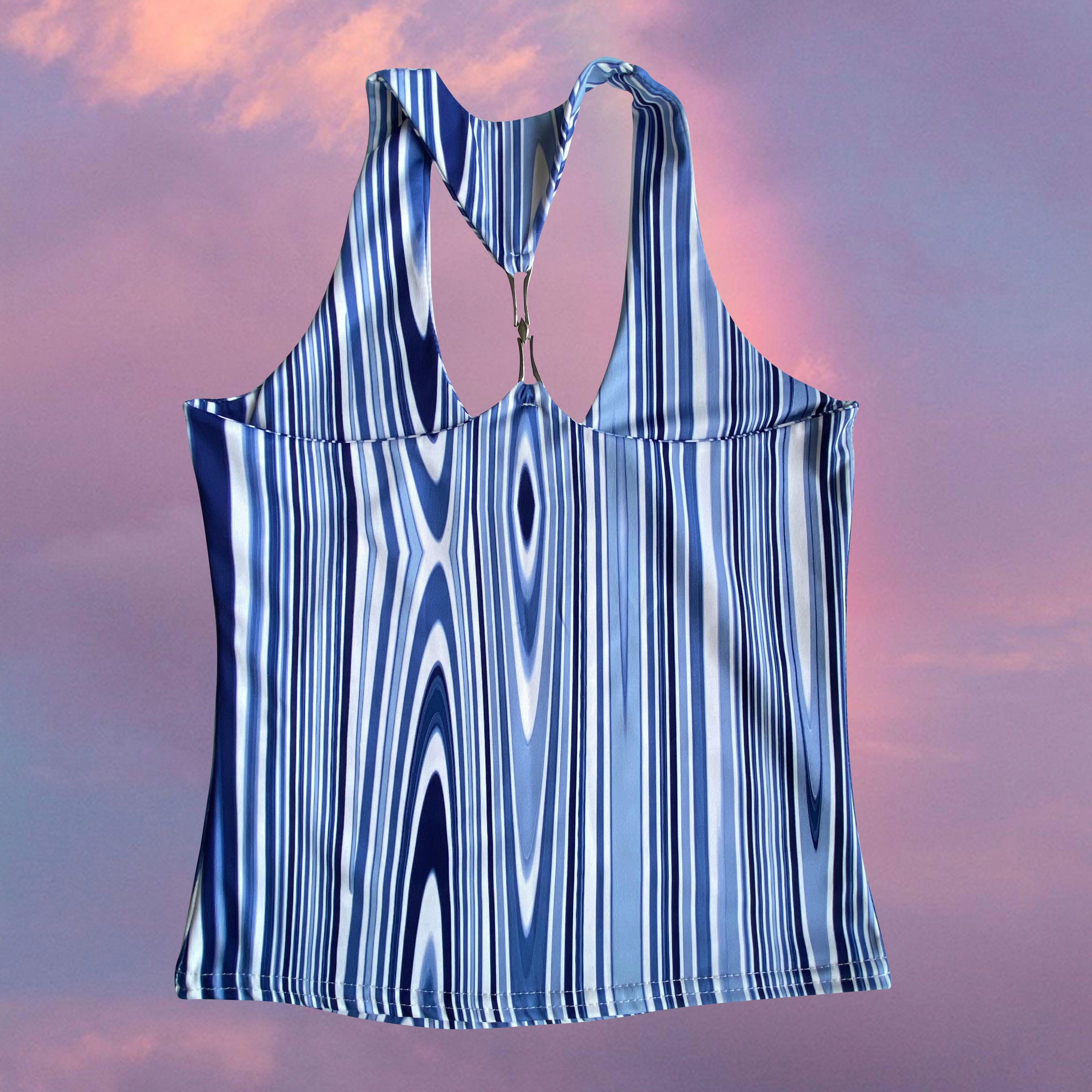 Vintage 90's Funky Blue and White Groovy Print Racerback Top (S ...