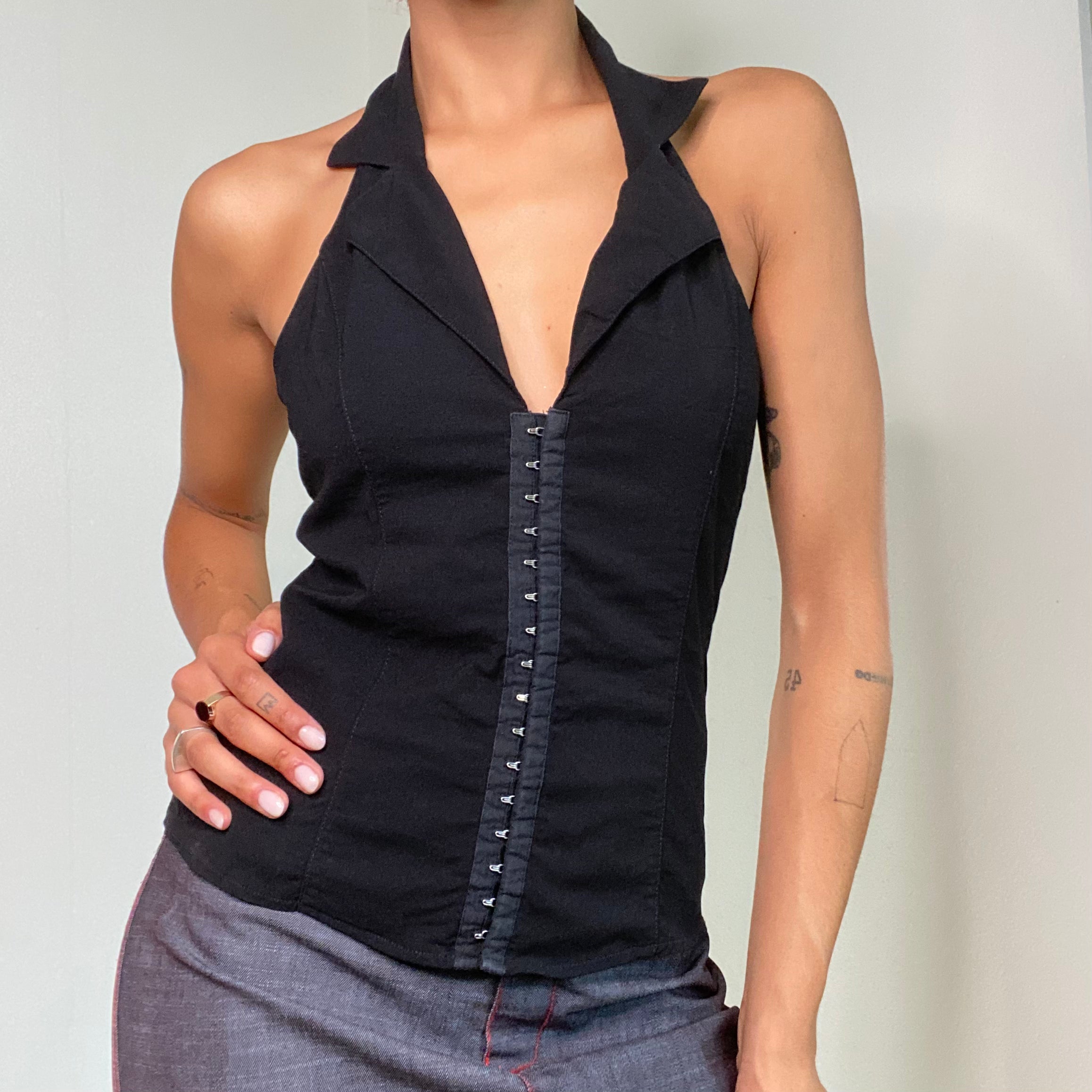 Vintage 90’s Clubwear Black Collared Halter Neck Corset Top (S ...