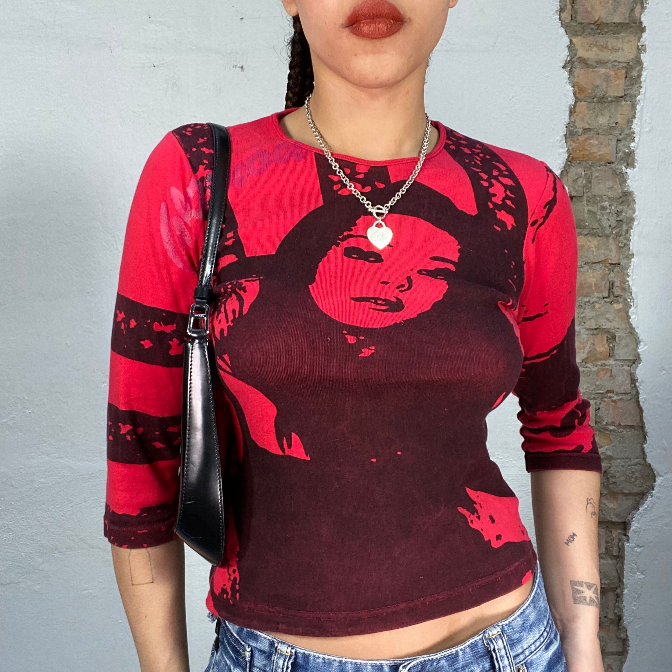 Vintage 2000's Punky Red Midi Sleeve Top with Woman Face Print (S/M ...