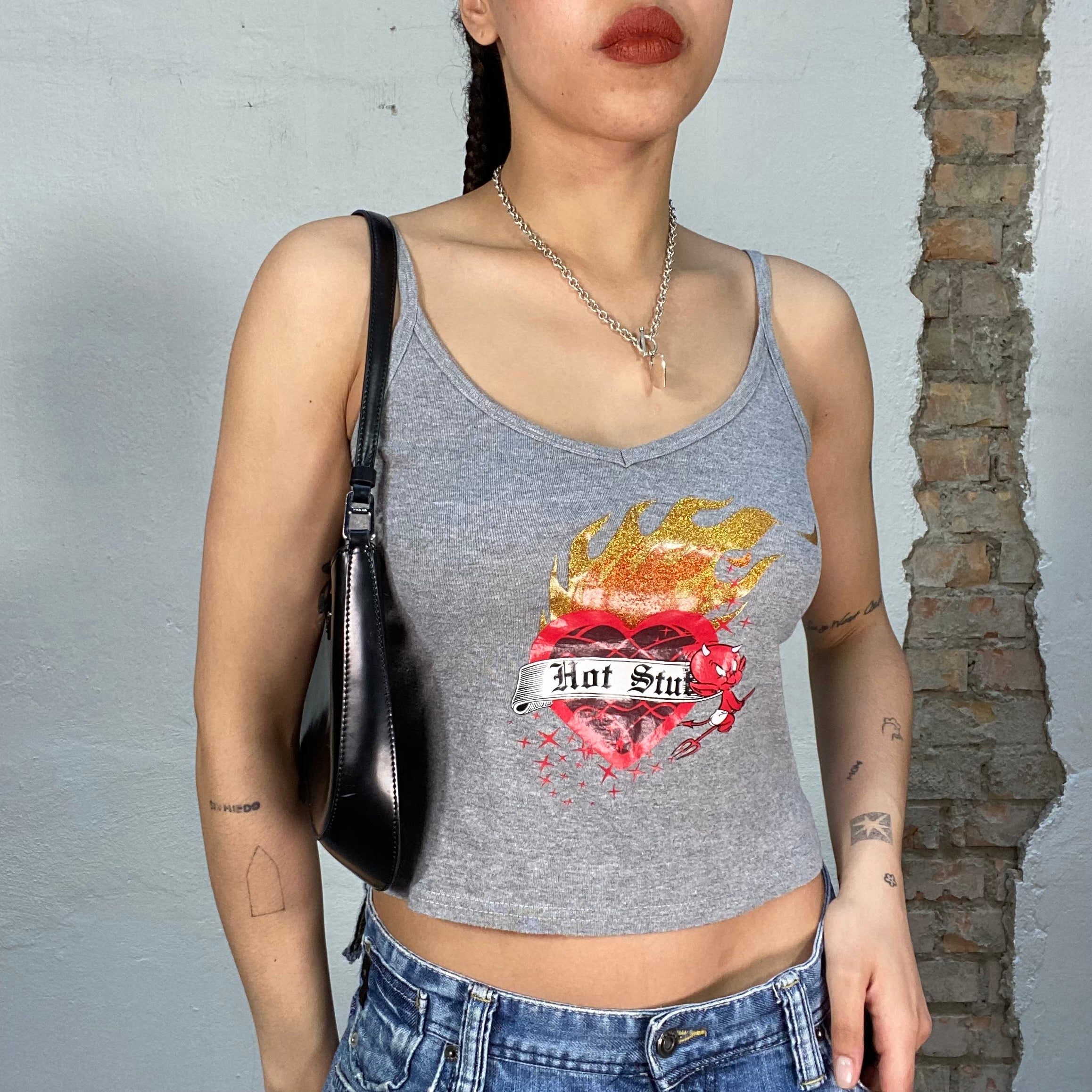 Vintage 2000's Hot Stuff Grey Top with Flamed Heart Print (S ...