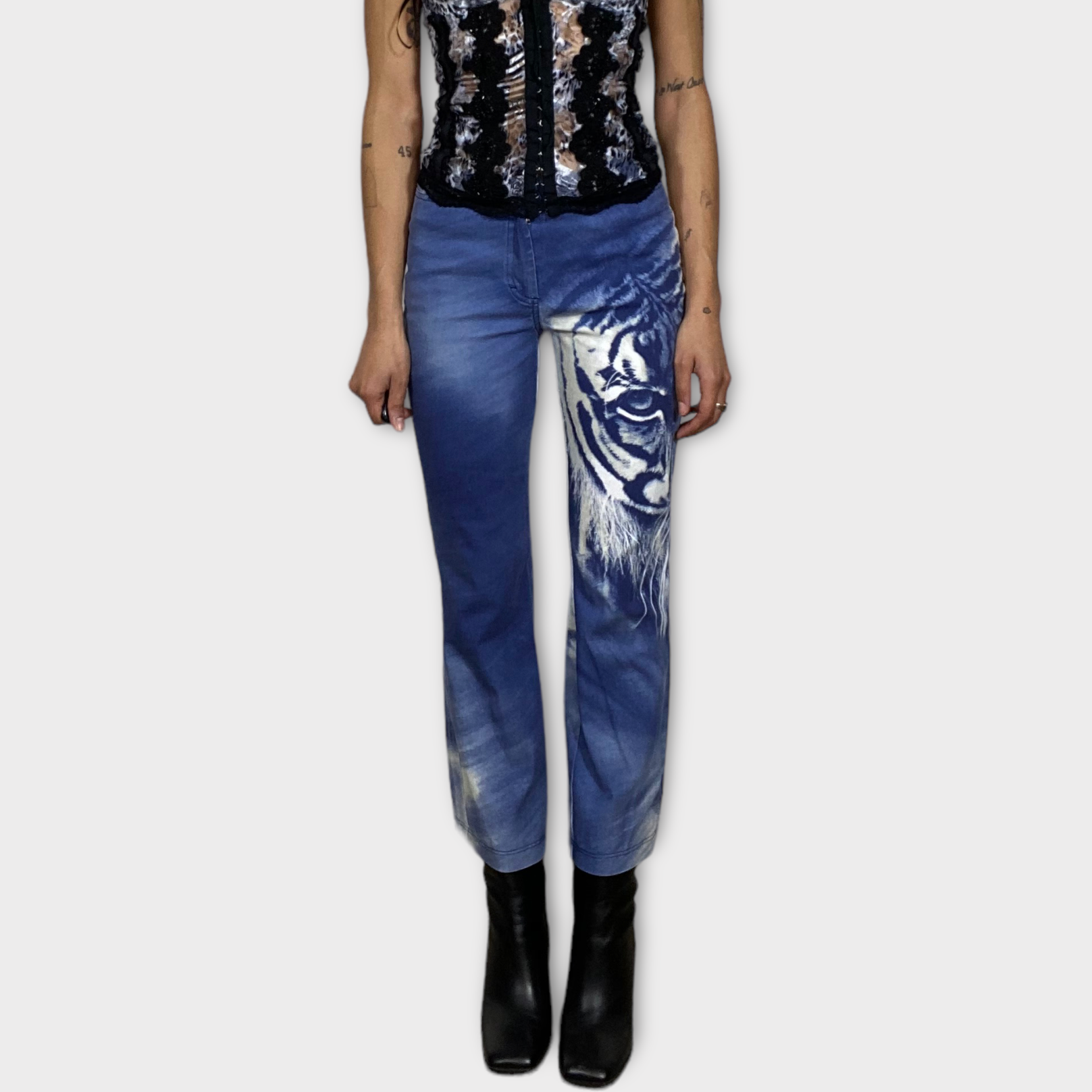 Vintage 2000's Funky Blue Flared Pants with Tiger Face Print (S ...