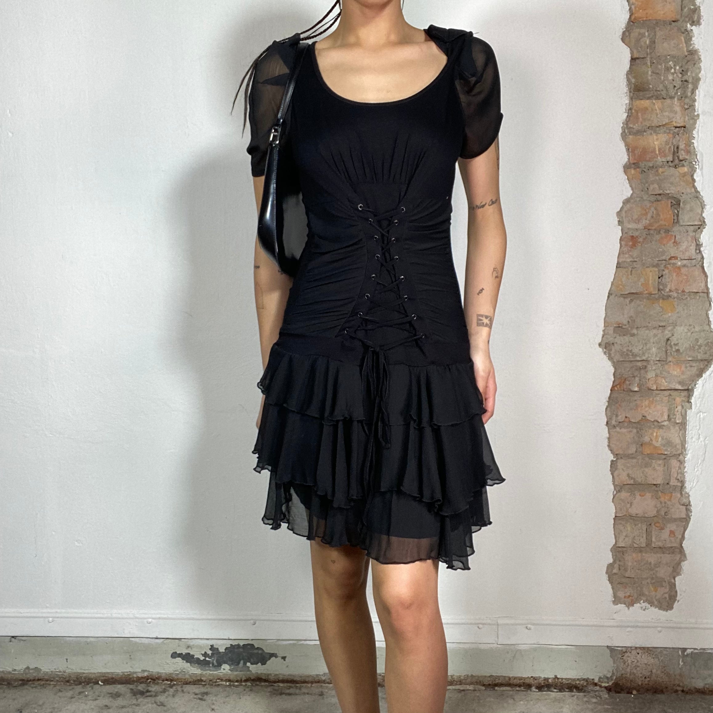 Vintage 2000's Gothic Black Dress with Mesh Layers and Corset Waist Pa ...