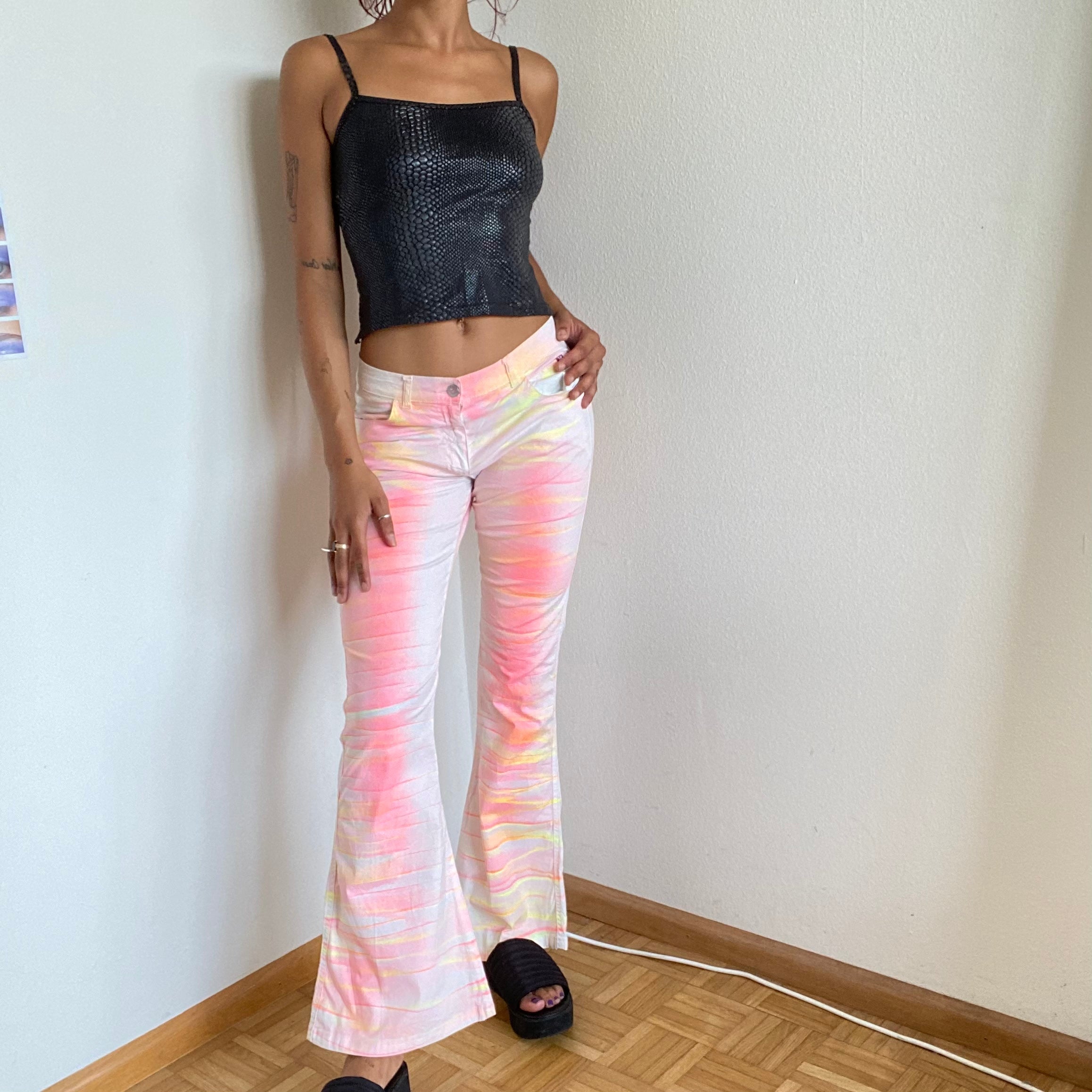 Vintage 90's Archive Killah Miss Sixty Rave White Flared Jeans With Ne ...