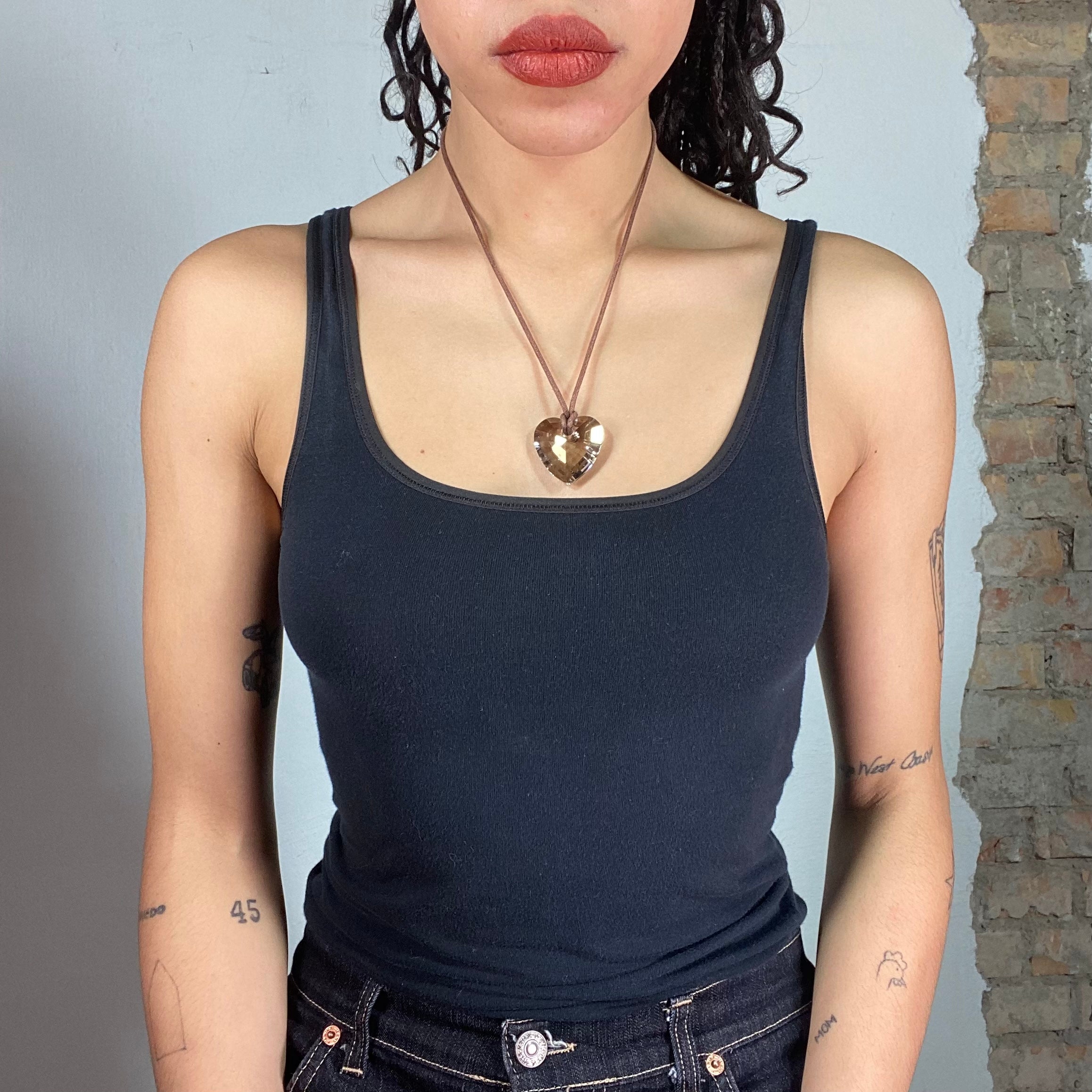 Vintage 90's Brown Leather String Necklace with Chunky Glas Heart Pend ...