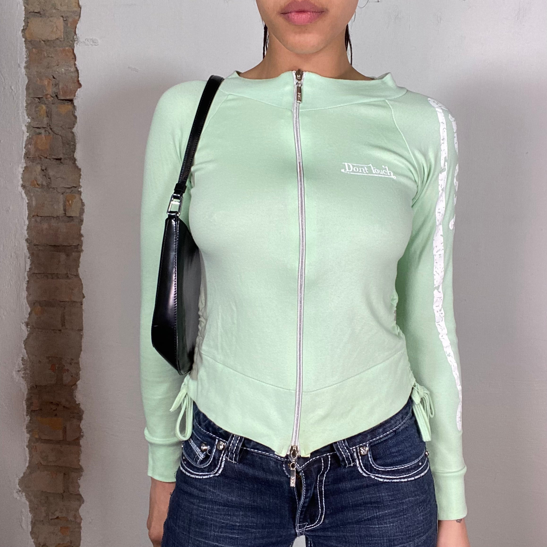 Vintage 2000's Sporty Lime Green Zip Up Sweater with 'Don't Touch' Pri ...