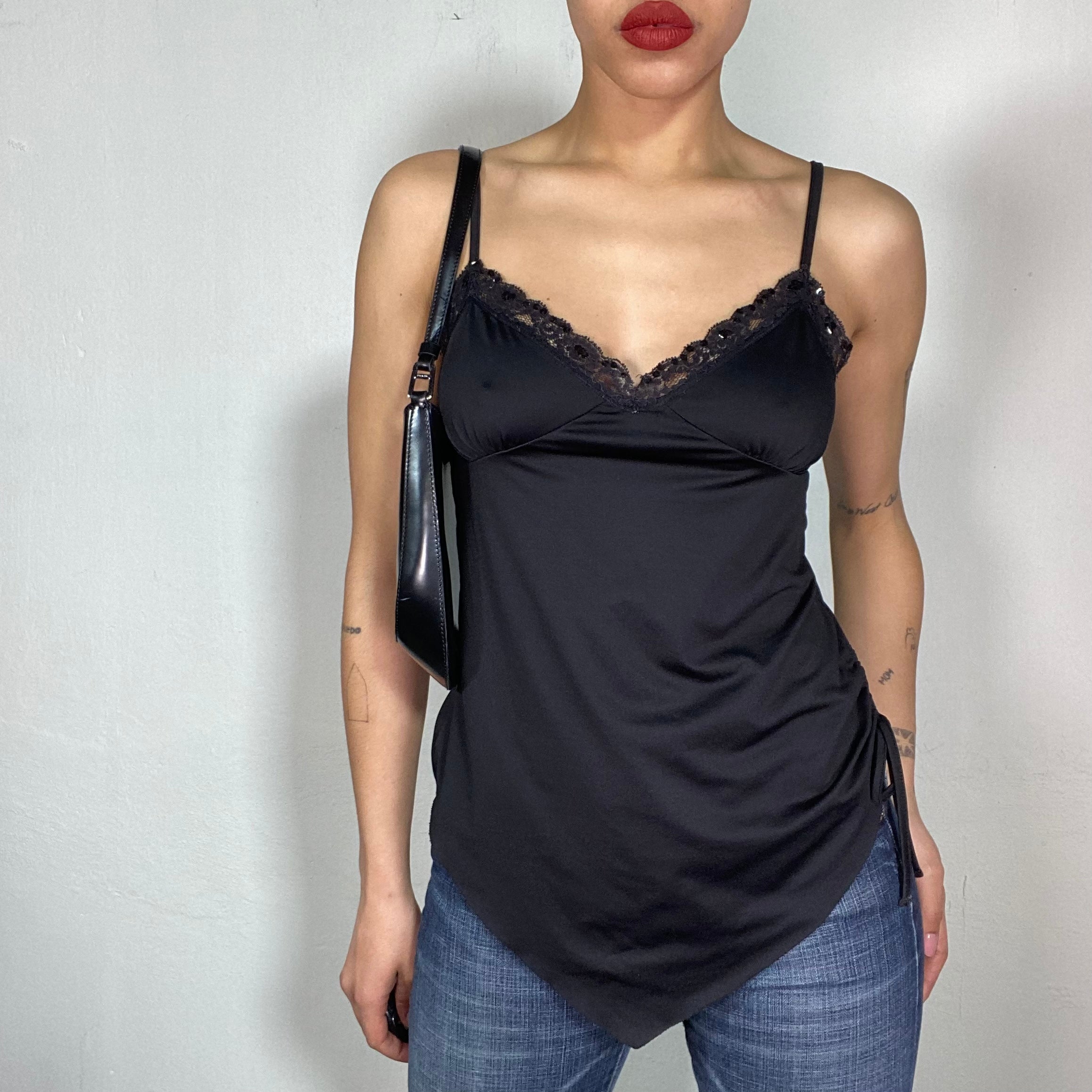 Vintage 2000's Model Off Duty Black Long Cami Top with Triangle Hem (S ...