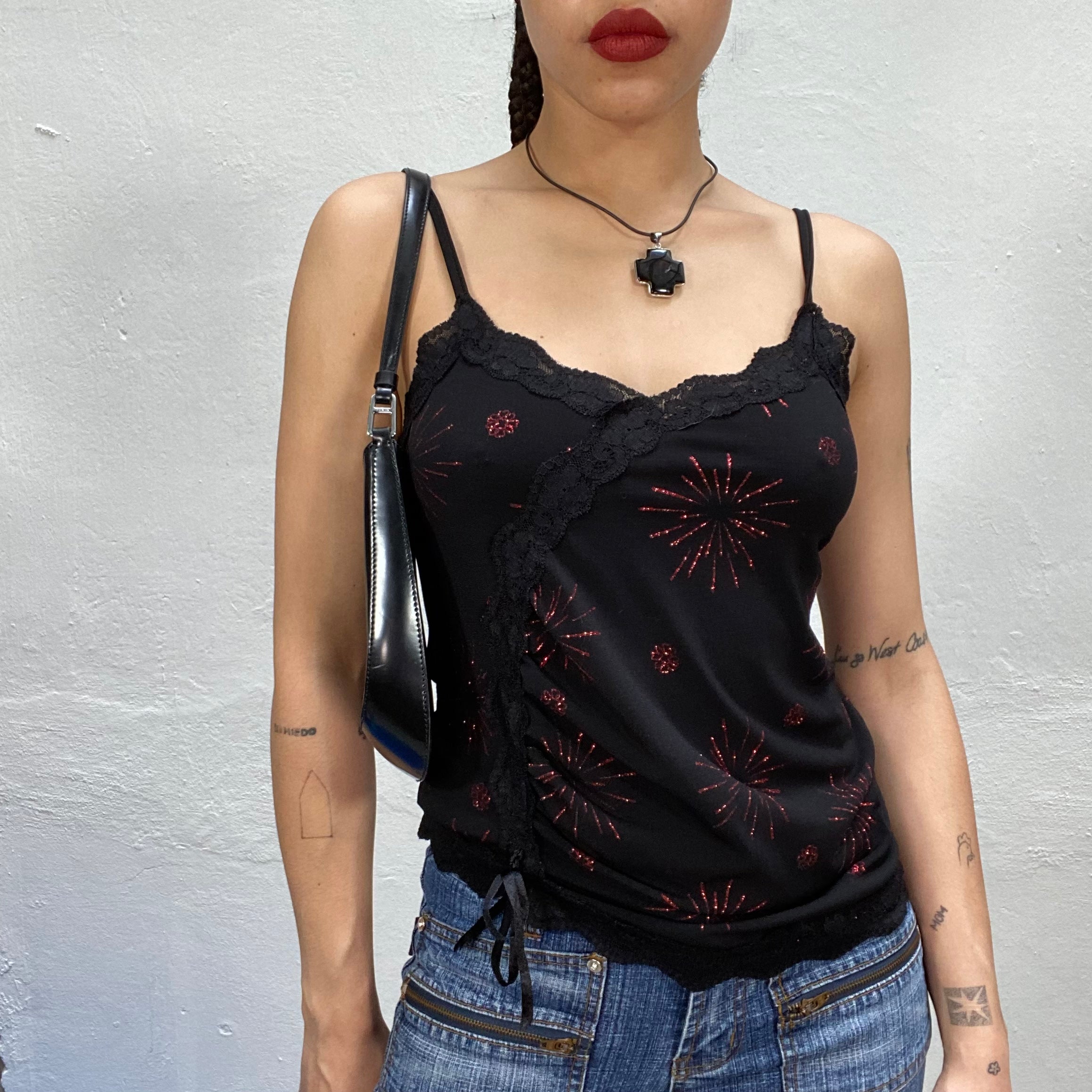 Vintage 2000's Night Out Black Top with Glitter Print and Lace Details ...